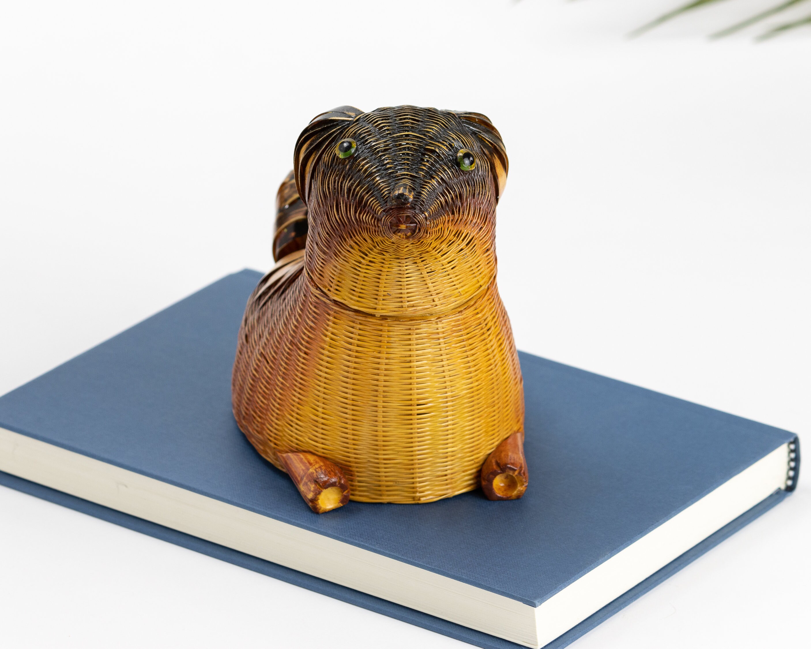 Vintage Wicker & Rattan Dog Sculpture Basket with Lid | Small Hand ...