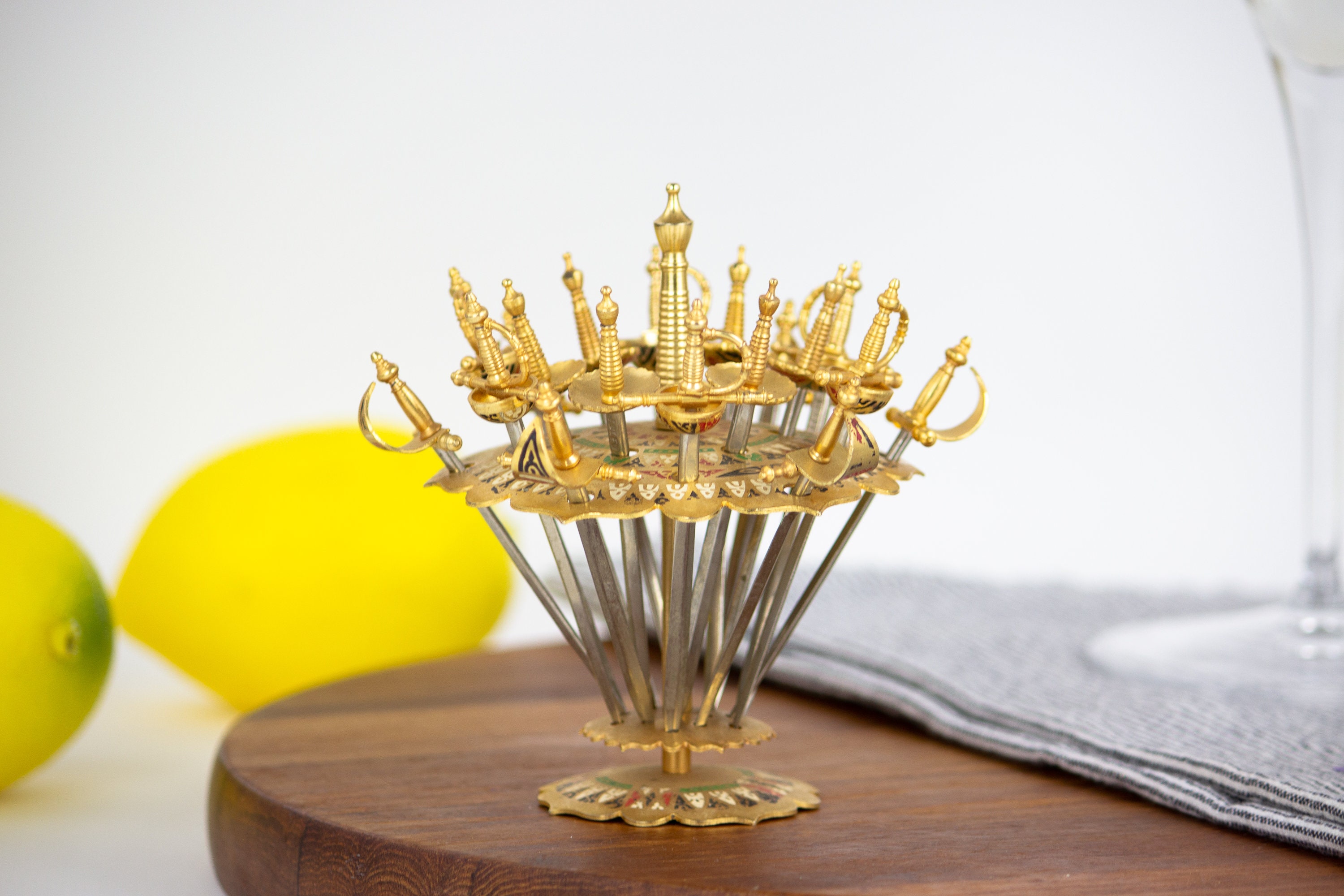 Toledo Cocktail Swords with Stand | Set of 18 Vintage Cocktail Picks