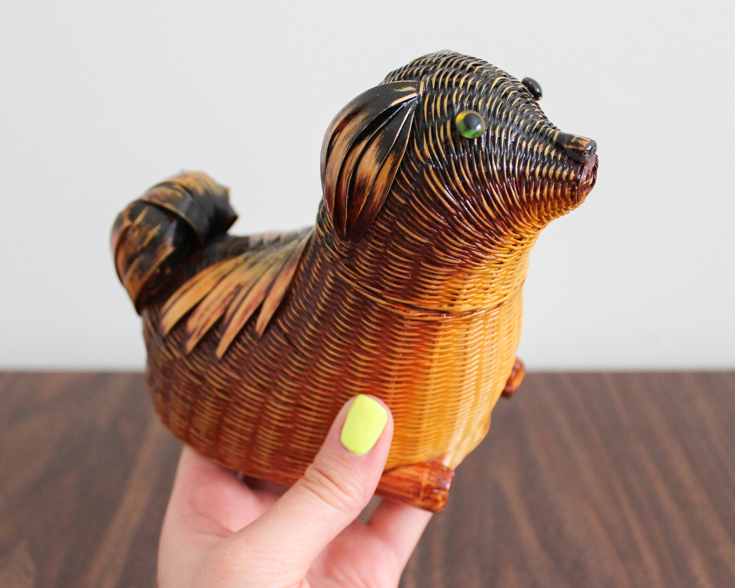 Vintage Wicker & Rattan Dog Sculpture Basket with Lid | Small Hand ...