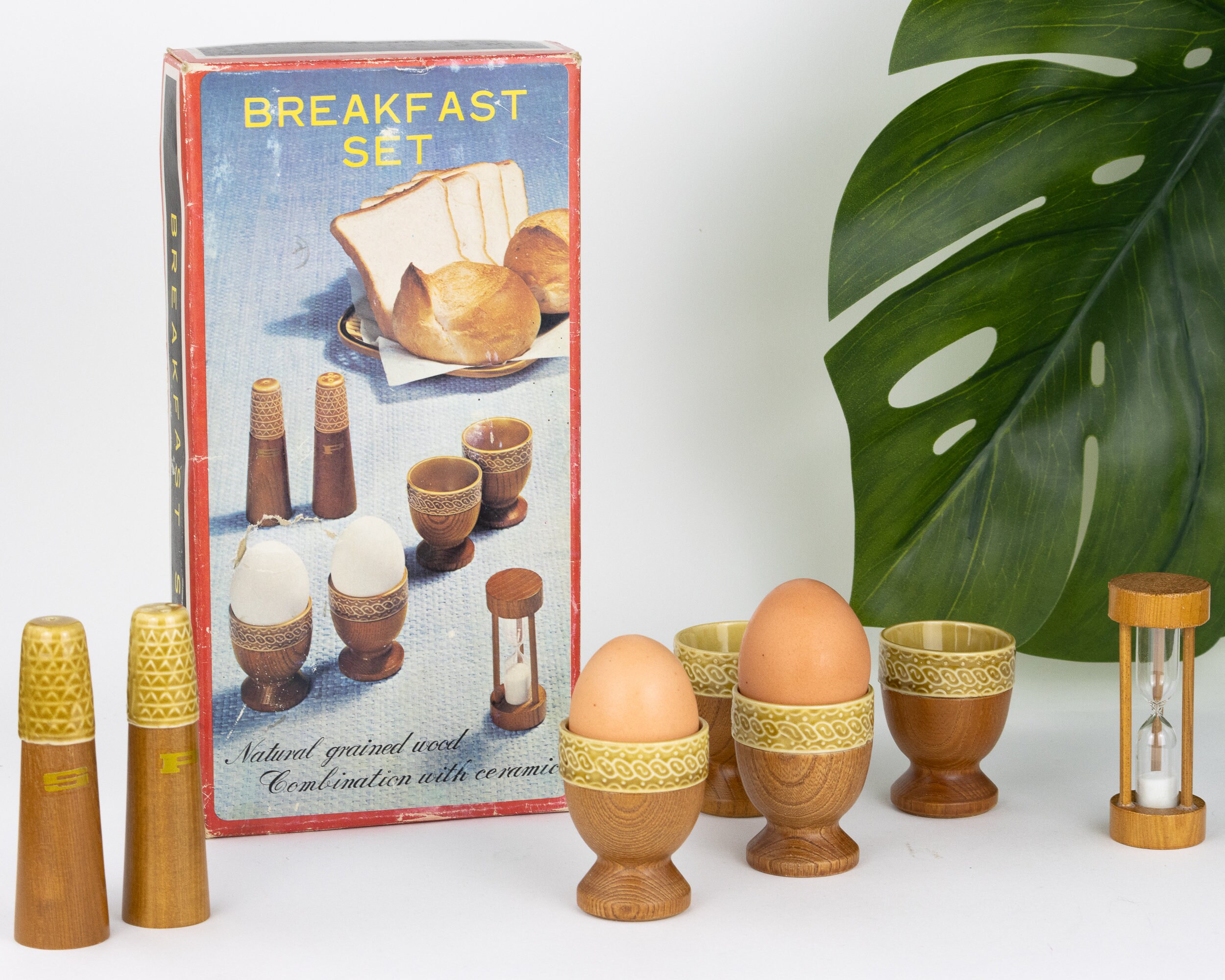 Vintage Breakfast Set with 4 Egg Cups, Egg Timer, and Salt and Pepper ...
