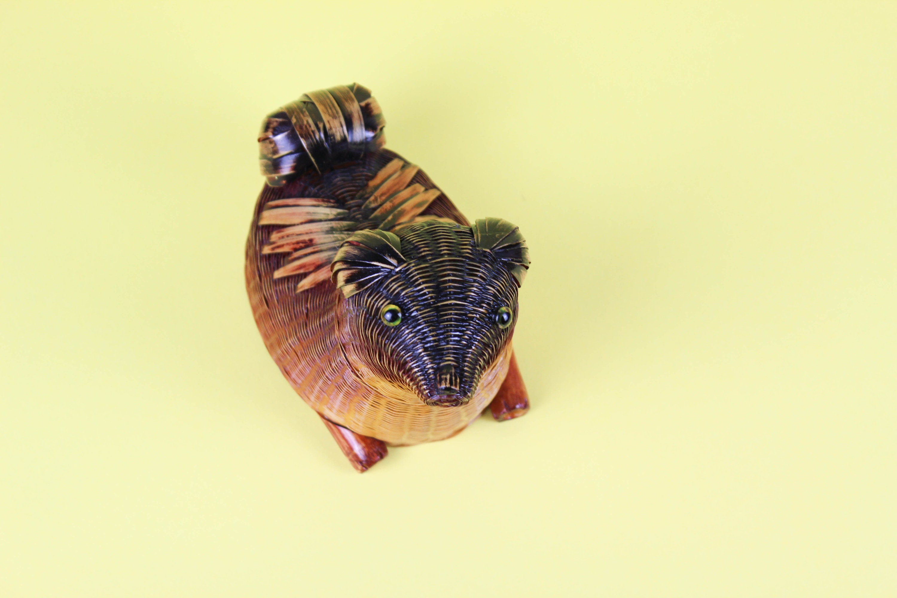 Vintage Wicker & Rattan Dog Sculpture Basket with Lid | Small Hand ...