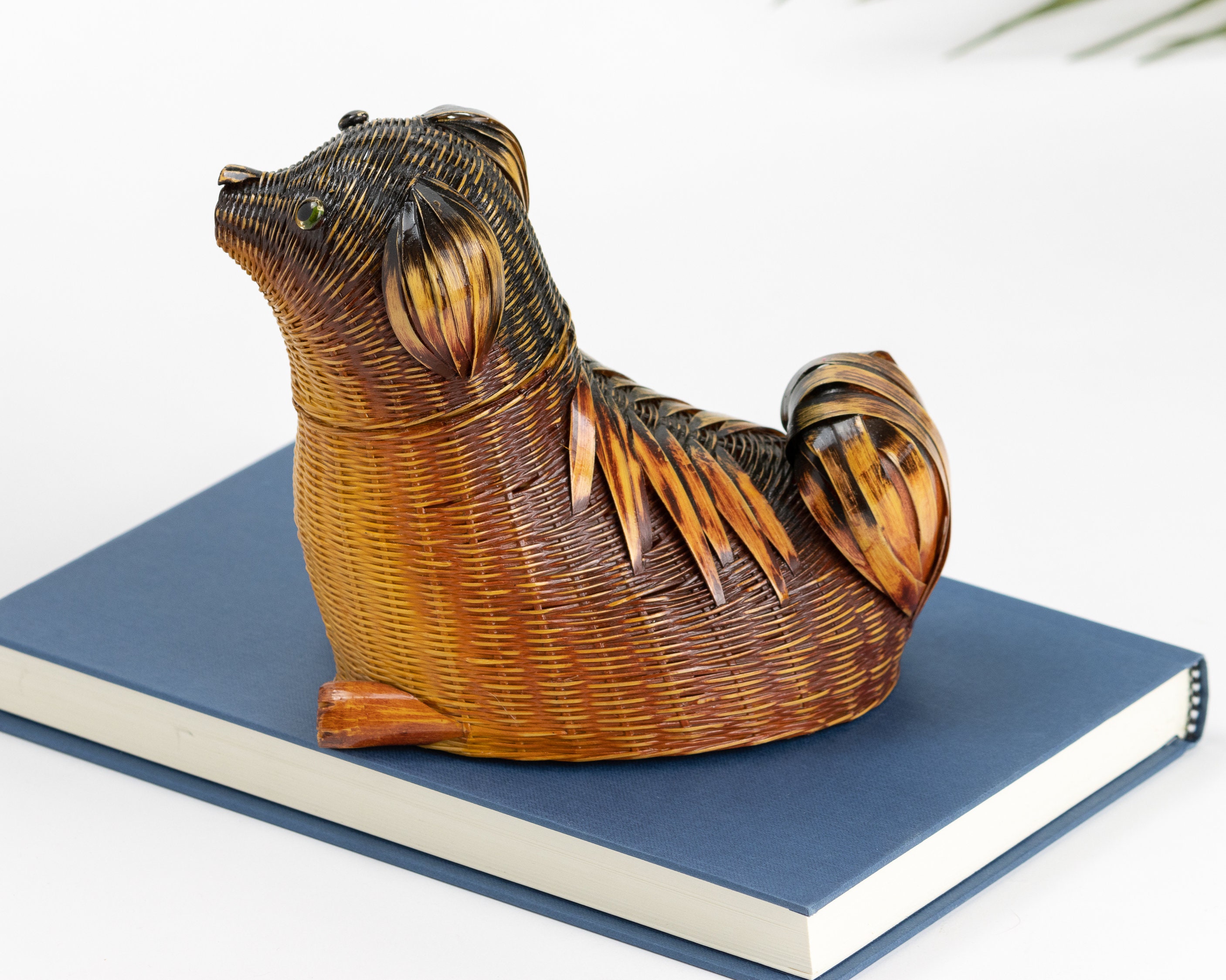 Vintage Wicker & Rattan Dog Sculpture Basket with Lid | Small Hand ...