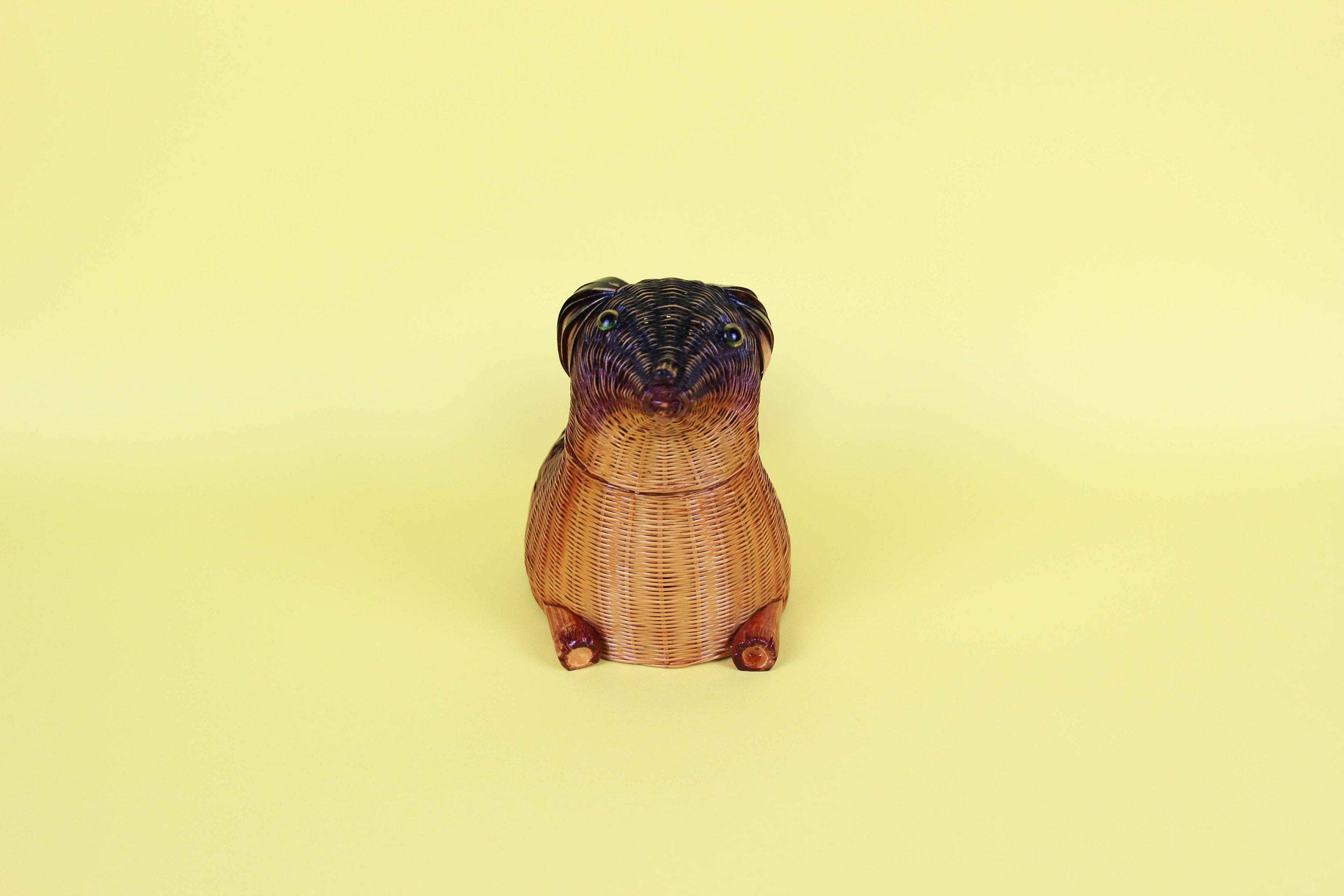 Vintage Wicker & Rattan Dog Sculpture Basket with Lid | Small Hand ...