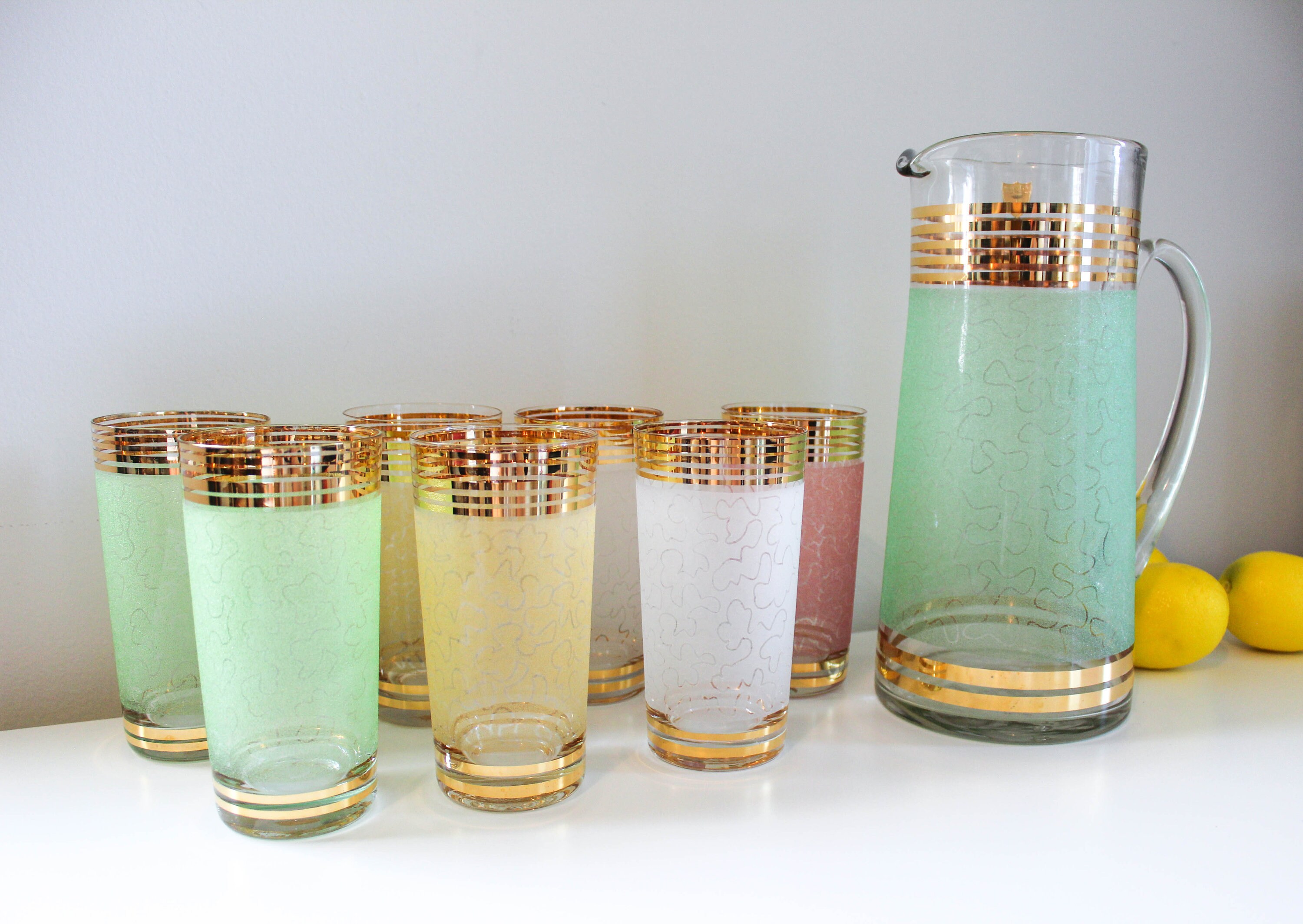 Vintage French MCM Glassware 8-Piece Sugar Glass Lemonade Set | Pitcher ...