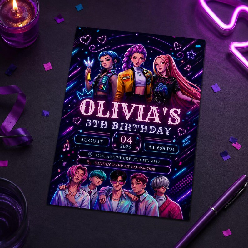 Kpop Demon Hunters Birthday Invitation, Editable Canva Template for ...