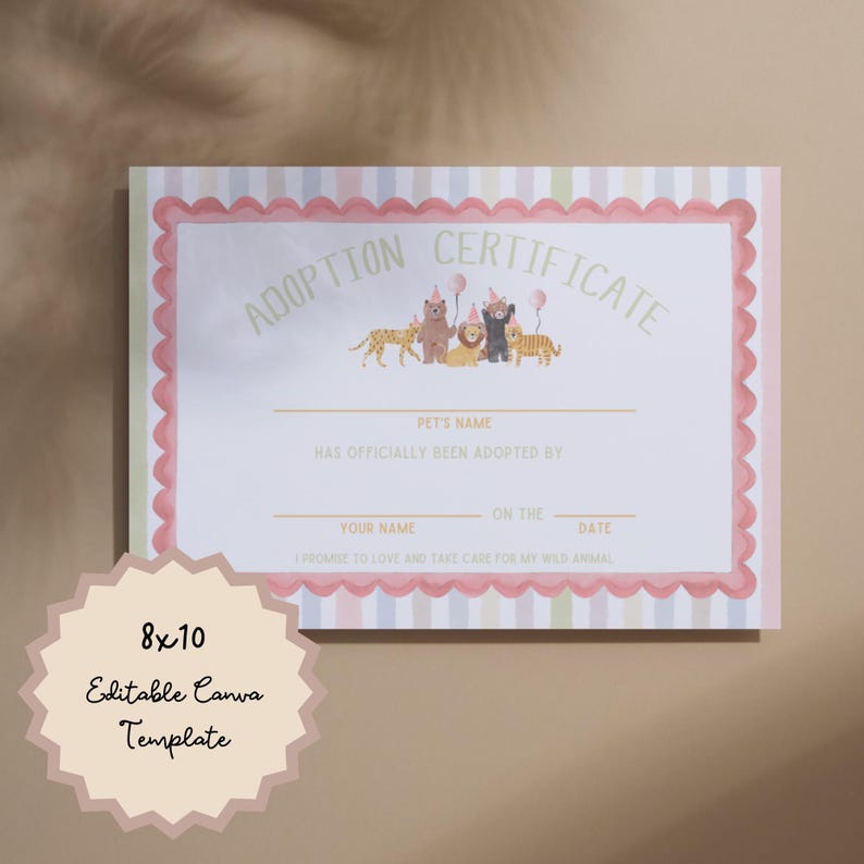 Party Animal Adoption Certificate: Editable Birthday Signage (digital ...