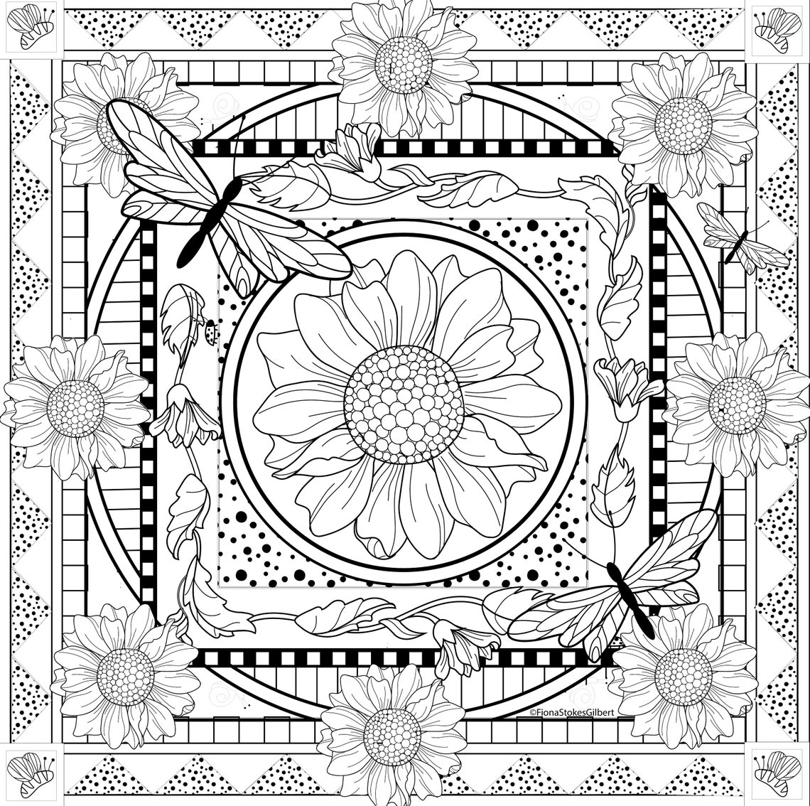 Summer Sunflowers Printable Coloring Page,flowers to Color, Dragonflies ...