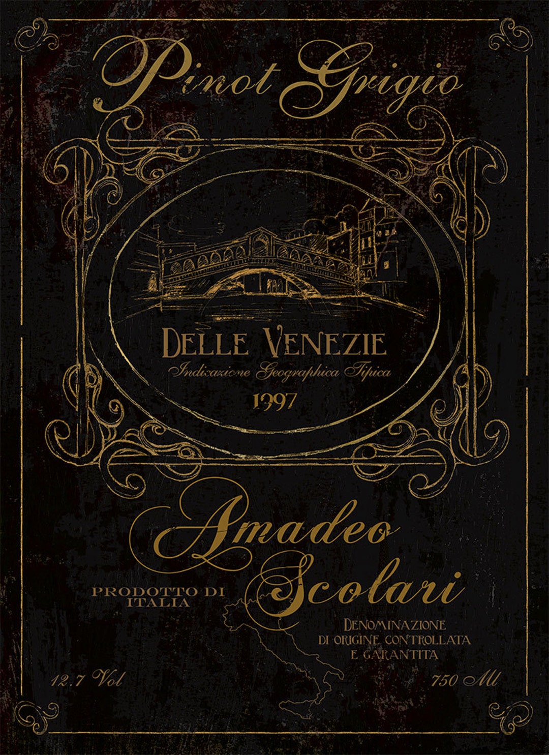 Vintage Look Italian Wine Label Pinot Grigio Distressed Black Panel - Etsy