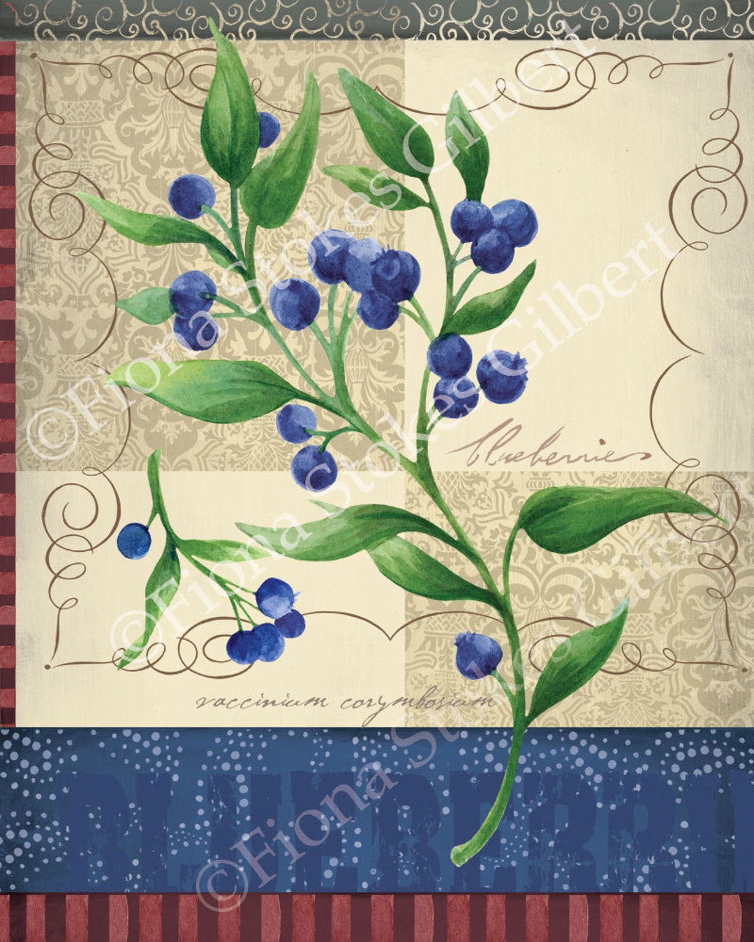 Botanical Art Blueberries, Collage Art Print, Vintage Look Decor""fresh ...