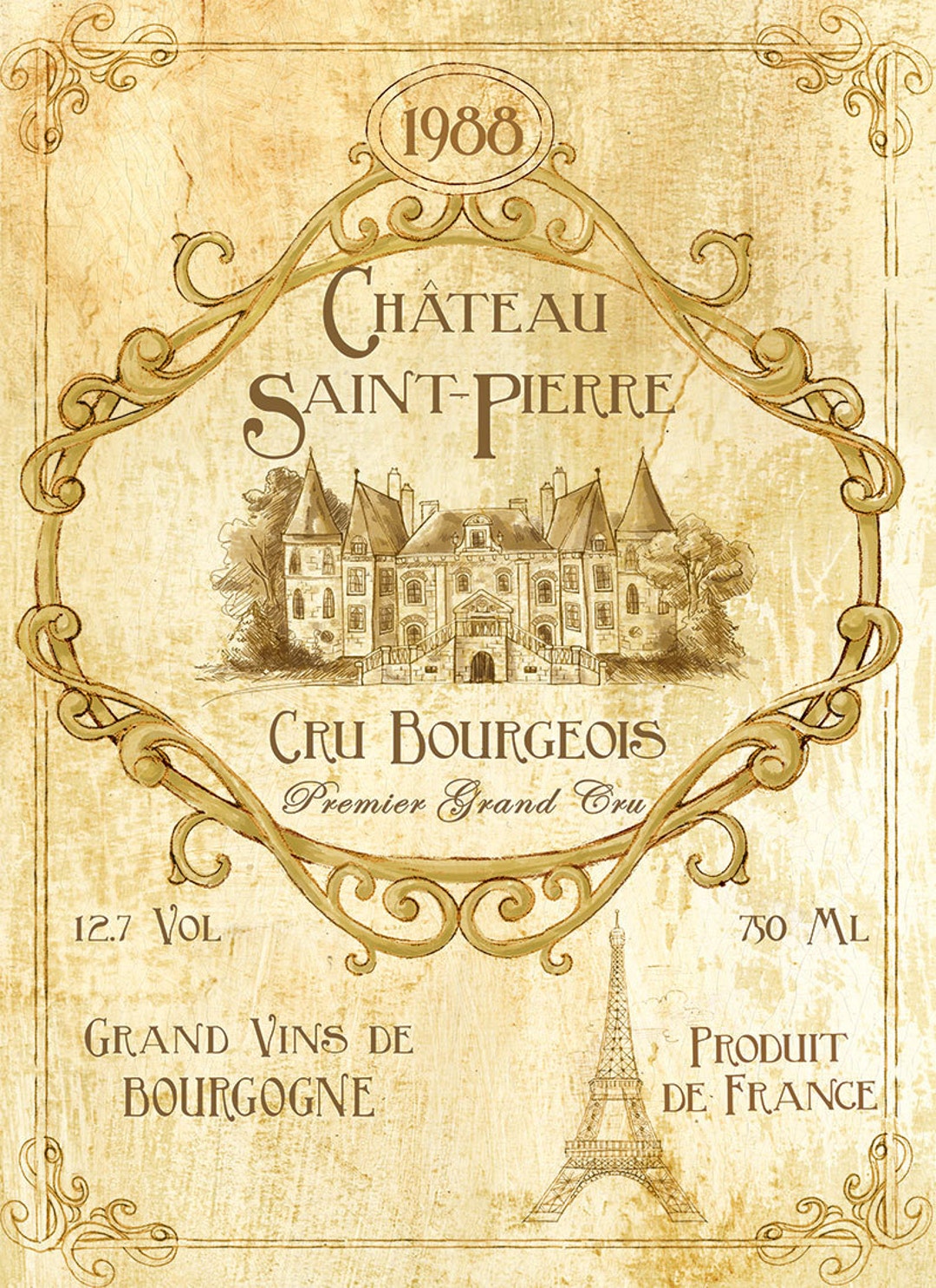 French Wine Label Art Cru Bourgeois Wine Decor Plaque Distressed Ivory ...