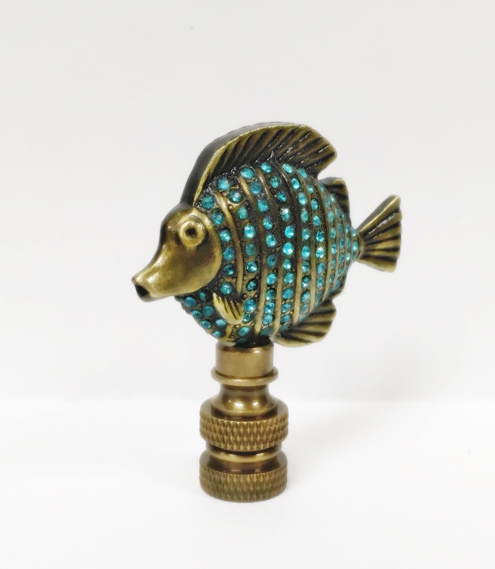 TROPICAL FISH W/AQUA Rhinestones-aged Brass Lamp Finial-highly Detailed ...