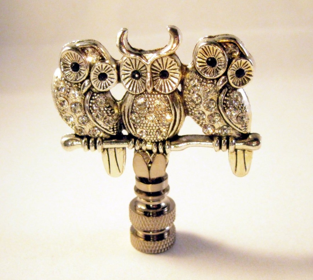 Lamp Finial-owls ON Branch-antique Silver Finish, Rhinestone Encrusted ...