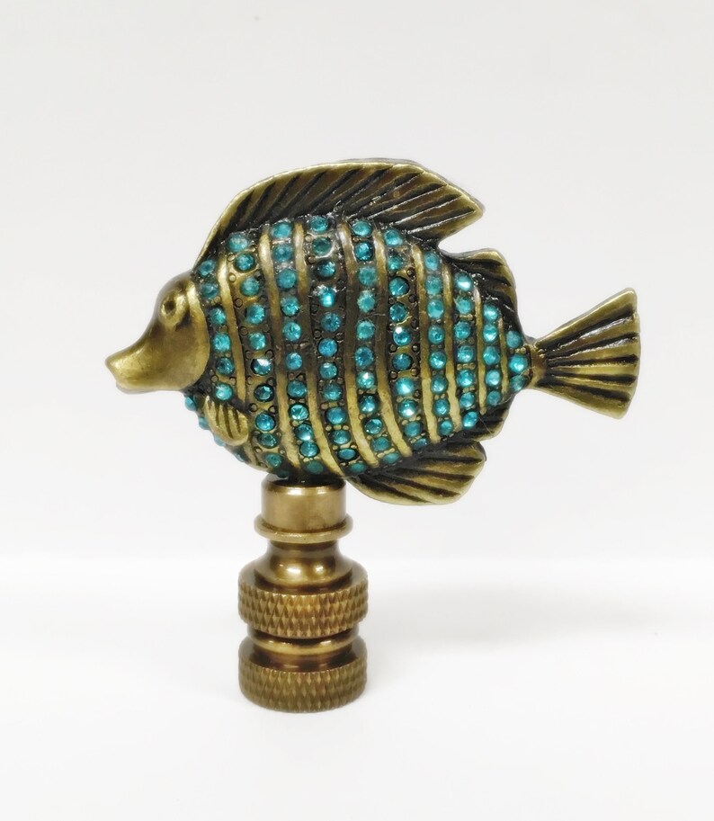 TROPICAL FISH W/AQUA Rhinestones-aged Brass Lamp Finial-highly Detailed ...
