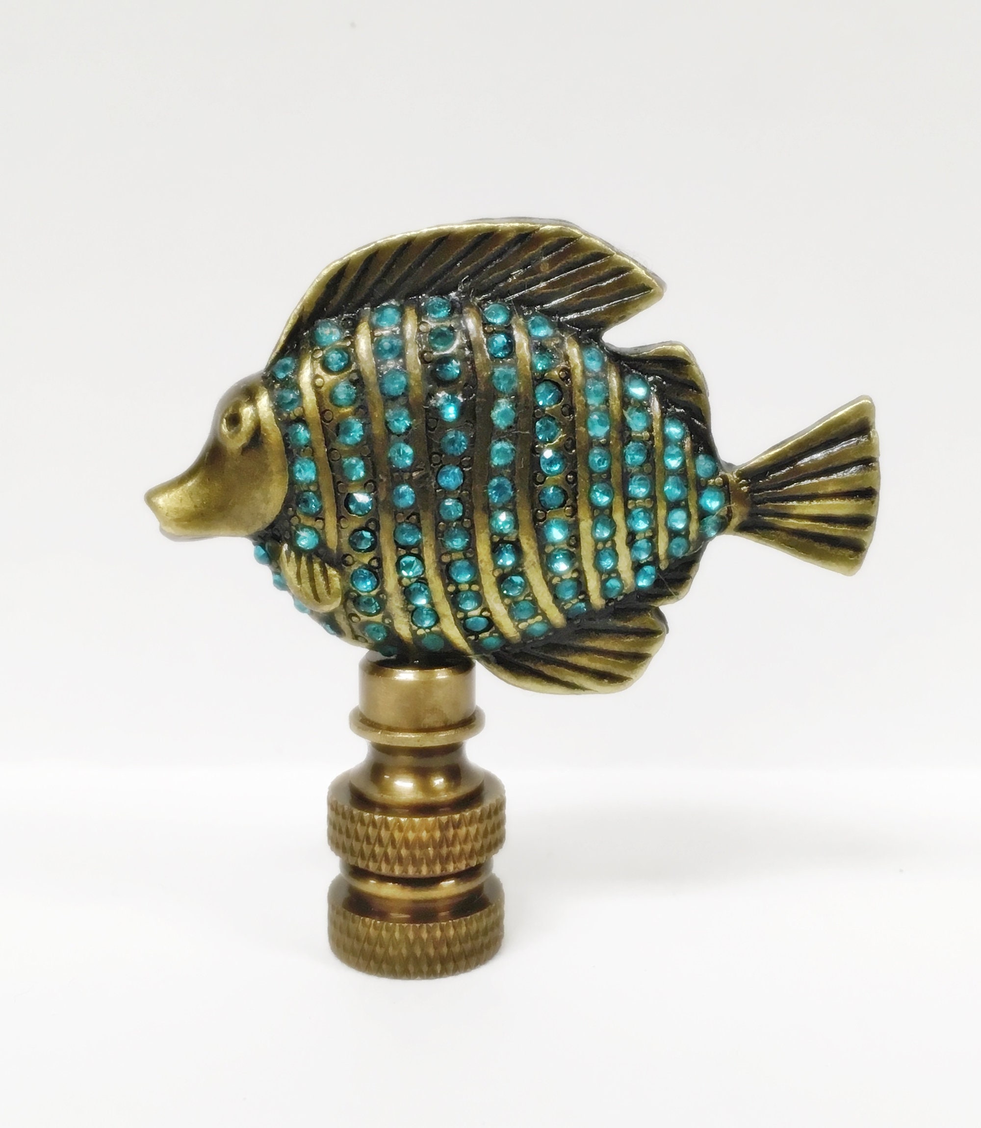 TROPICAL FISH W/AQUA Rhinestones-aged Brass Lamp Finial-highly Detailed ...