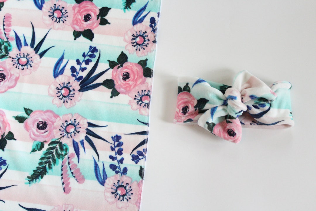 Pure Plush Pink and Mint Watercolor Floral Baby Girl Soft Blanket ...