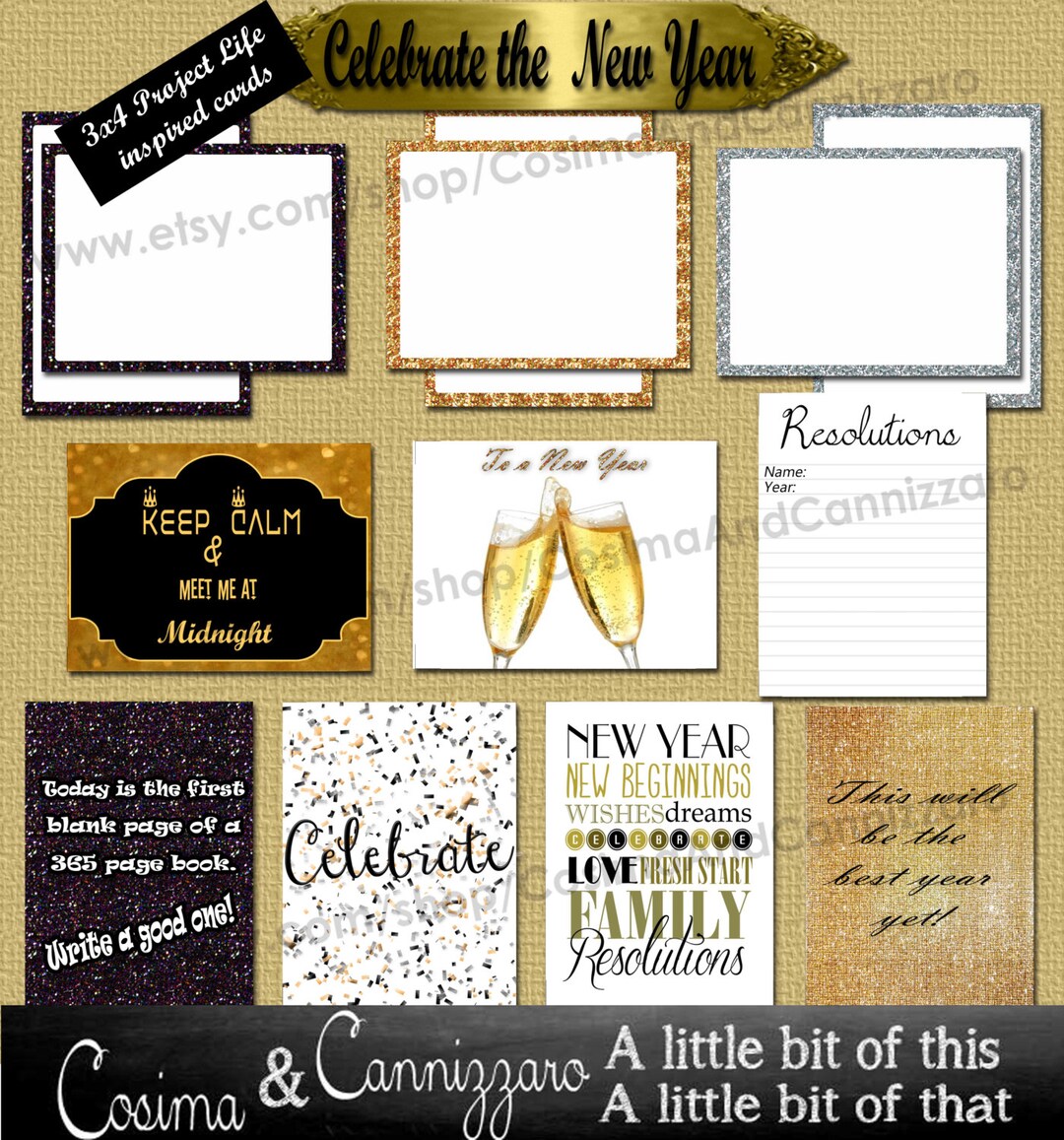 New Years Celebrate Journal Cards, Project Life Inspired 3x4 Printable ...
