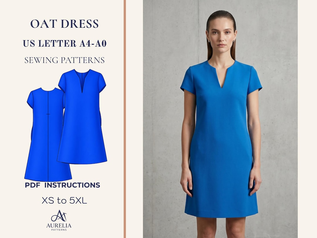 Oat Shift Dress Sewing Pattern PDF XS-5XL, V Neck Short Sleeve Dress ...
