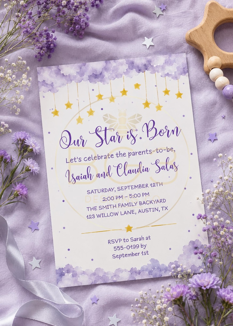 Baby Shower Invitation, Purple Lavender Cloud Star Invite, Gender ...