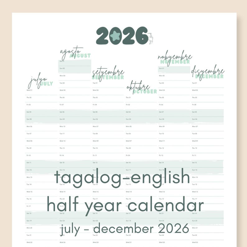2026 Half Year Tagalog Calendar - Bilingual Minimalist Planner - Modern ...