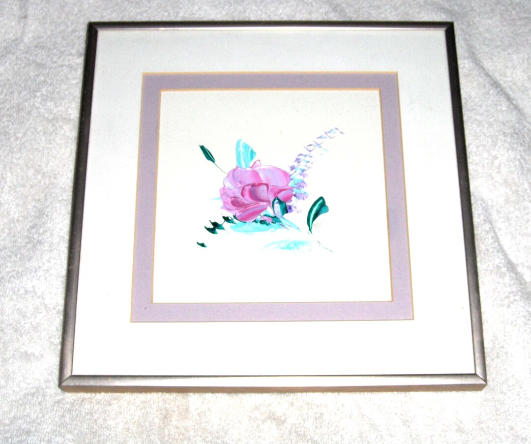 Vintage Aluma Frame 3 Dimensional Pink Rose Painting AMS Metal Bracket Embossed Rose Wall ...
