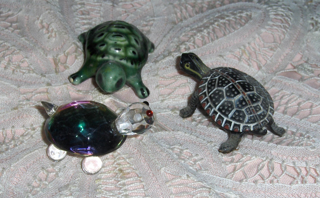 Vintage Three Miniature Turtle Figurines Glass Porcelain Resin Tortoise ...