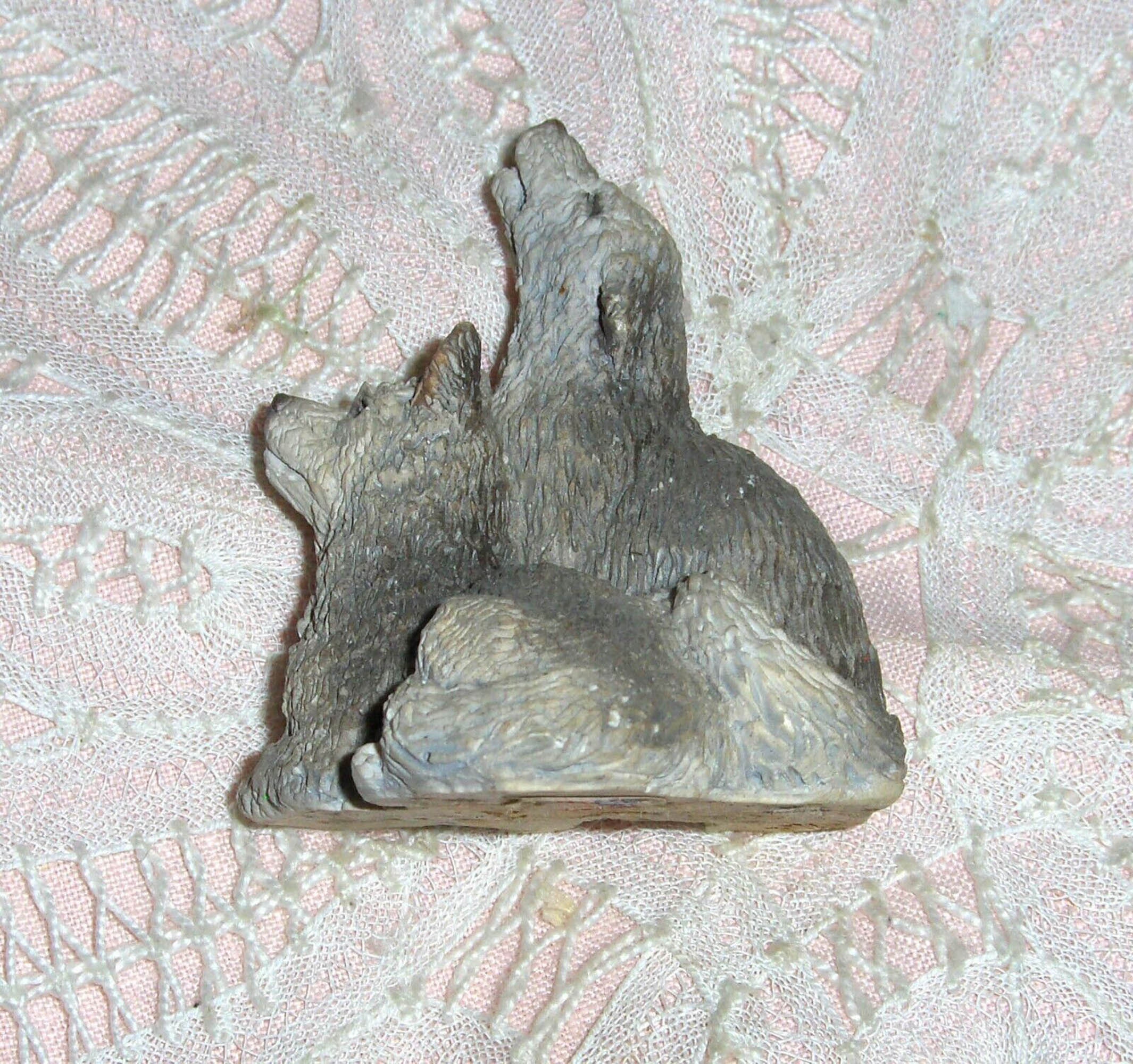 Vintage Stone Critter Wolf Figurine Miniature Two Attached Howling ...