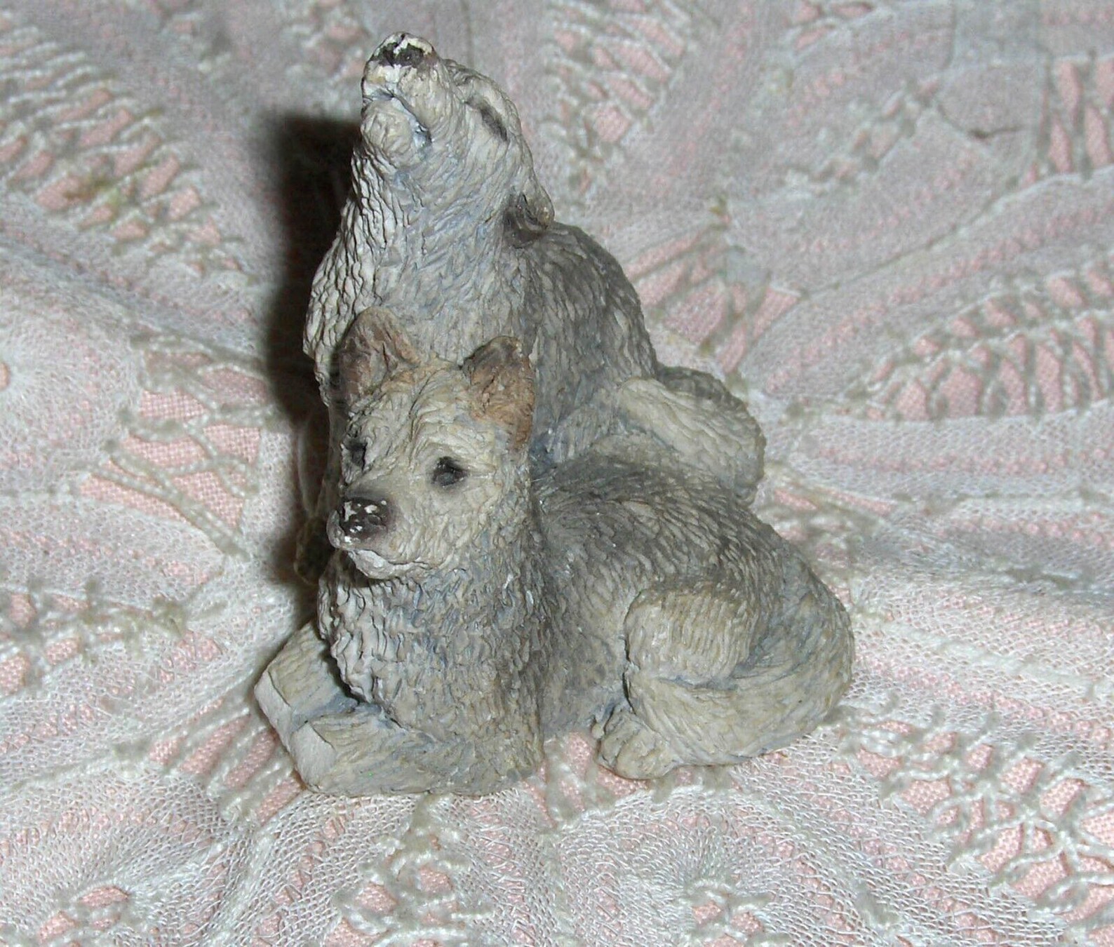 Vintage Stone Critter Wolf Figurine Miniature Two Attached Howling ...