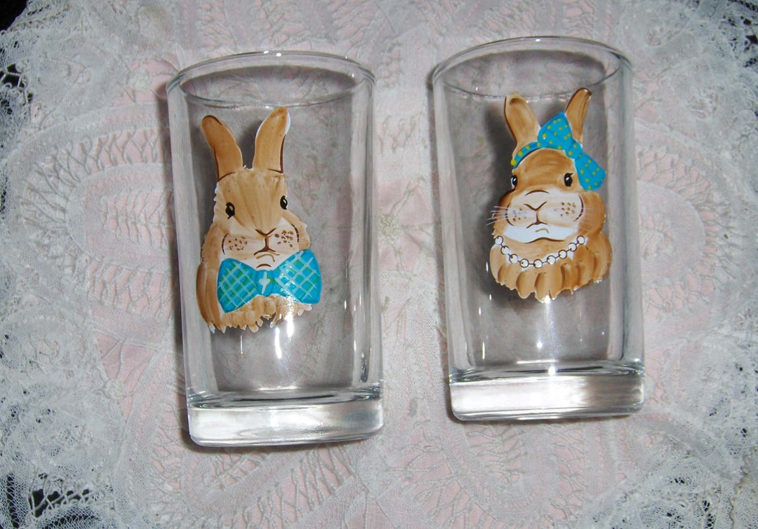 Vintage Two Rabbit Beverage Glasses Mr. & Mrs. Easter Bunny Rabbit Hare ...
