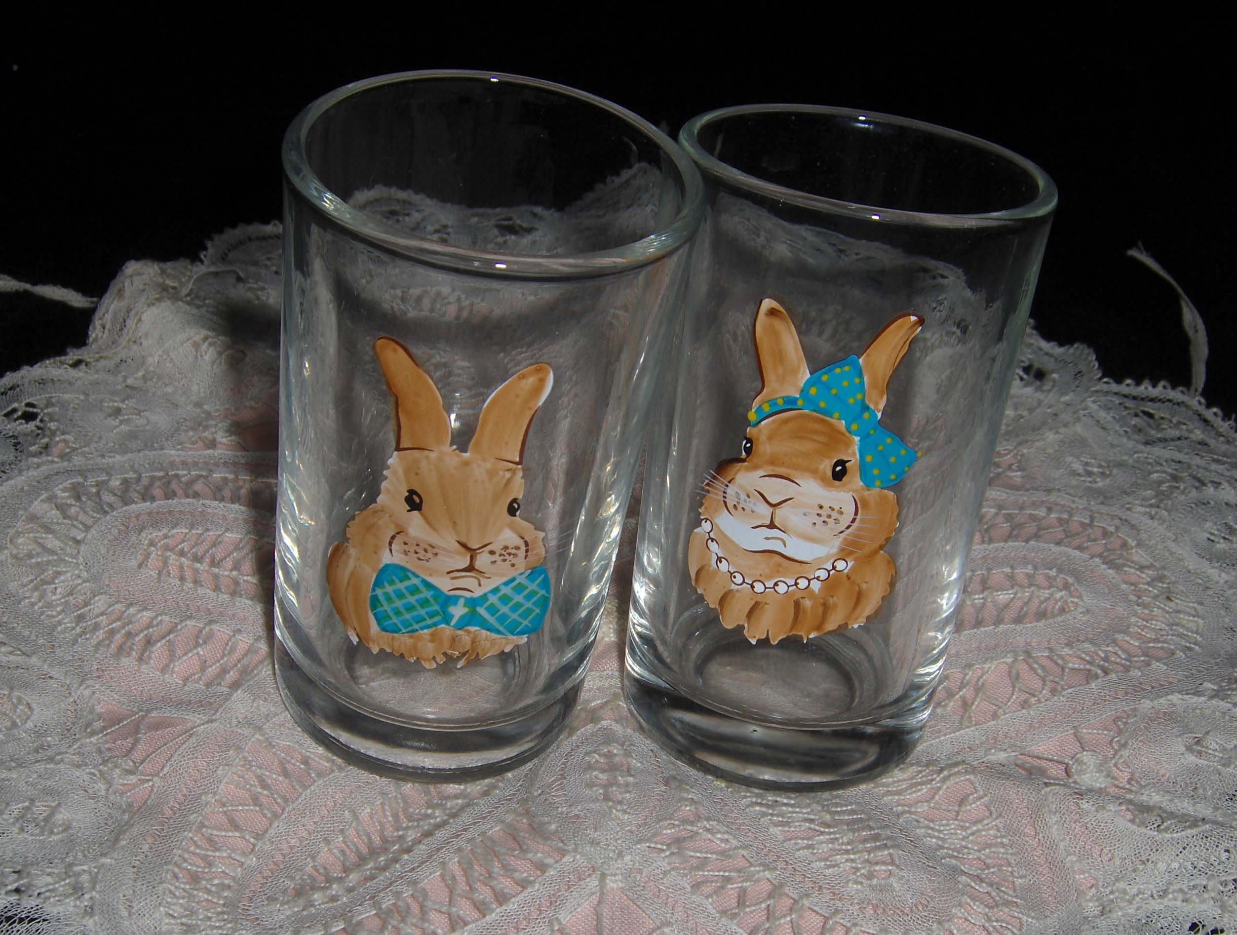 Vintage Two Rabbit Beverage Glasses Mr. & Mrs. Easter Bunny Rabbit Hare ...