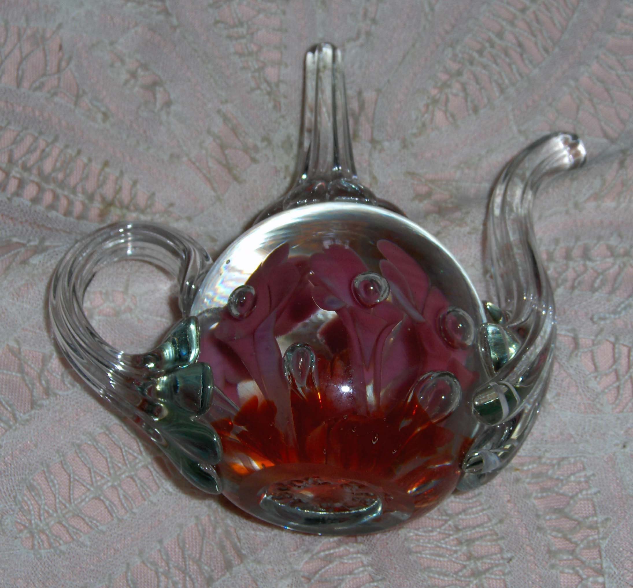 Vintage Joe St Clair Glass Paperweight Tea Kettle Figurine Jewelry Ring ...