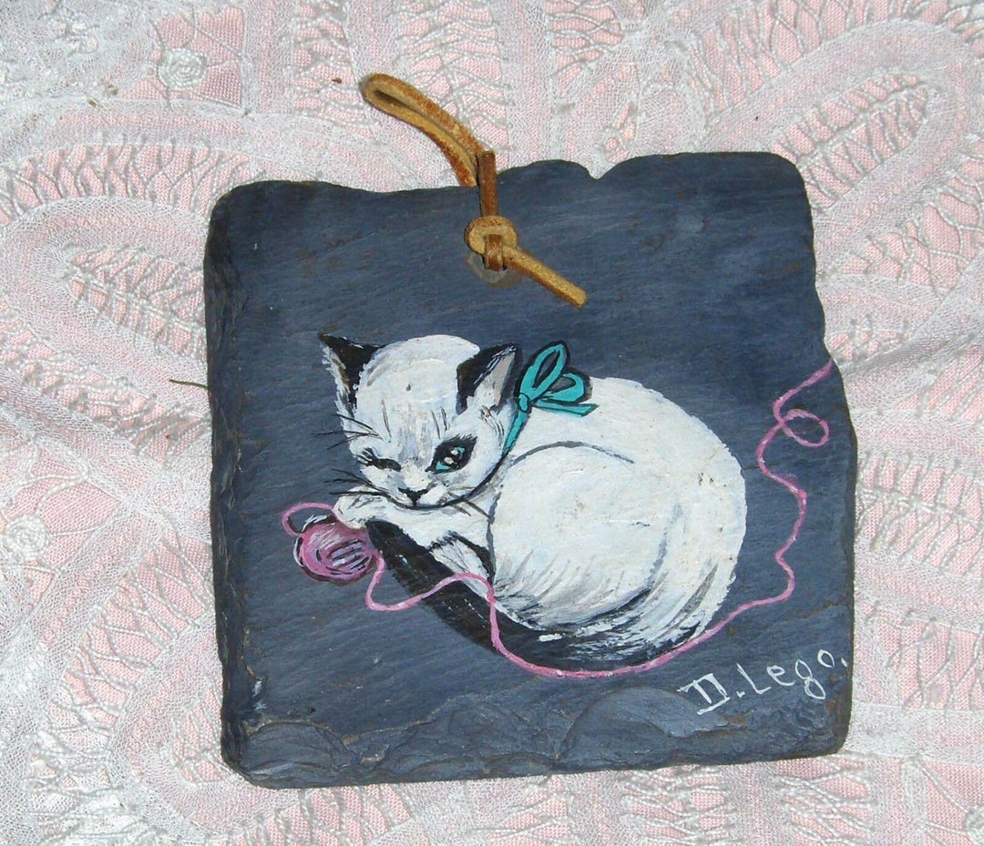 Vintage Hand Painted Kitty Cat Slate White Cat & Yarn Wall Hanging ...