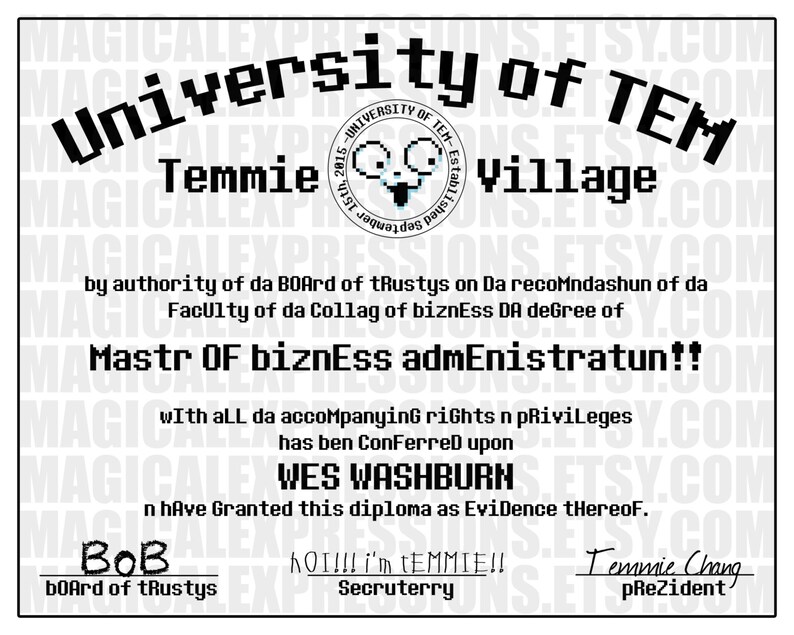 CUSTOMIZED University Of Tem Degree Diploma Undertale Print | Etsy
