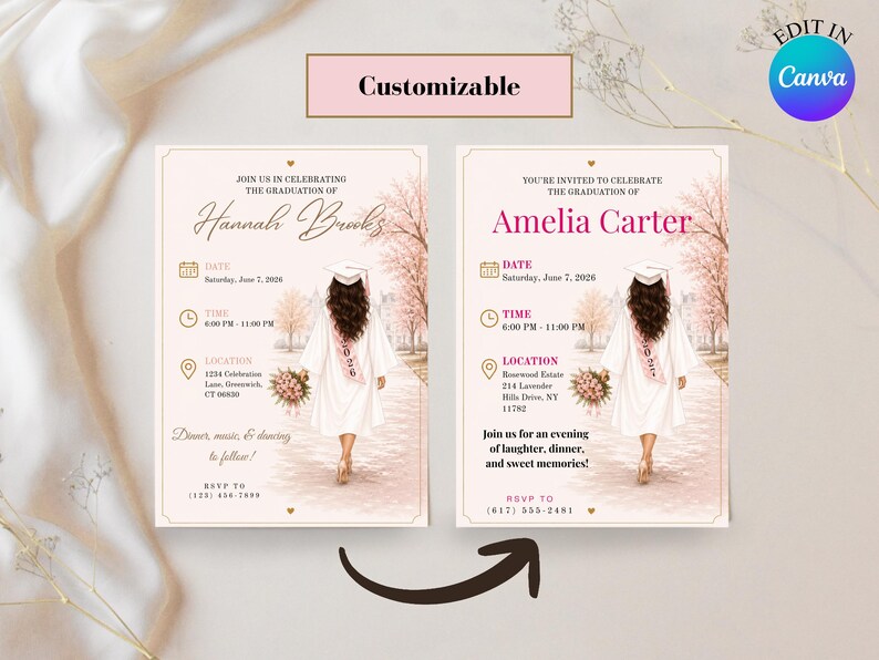 Floral Graduation Invitation Template, Pastel Pink Grad Party Invite ...