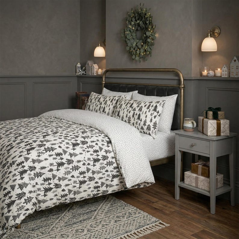 Reversible Duvet Cover Set, Winter Wonderland Bedding, Festive Black ...