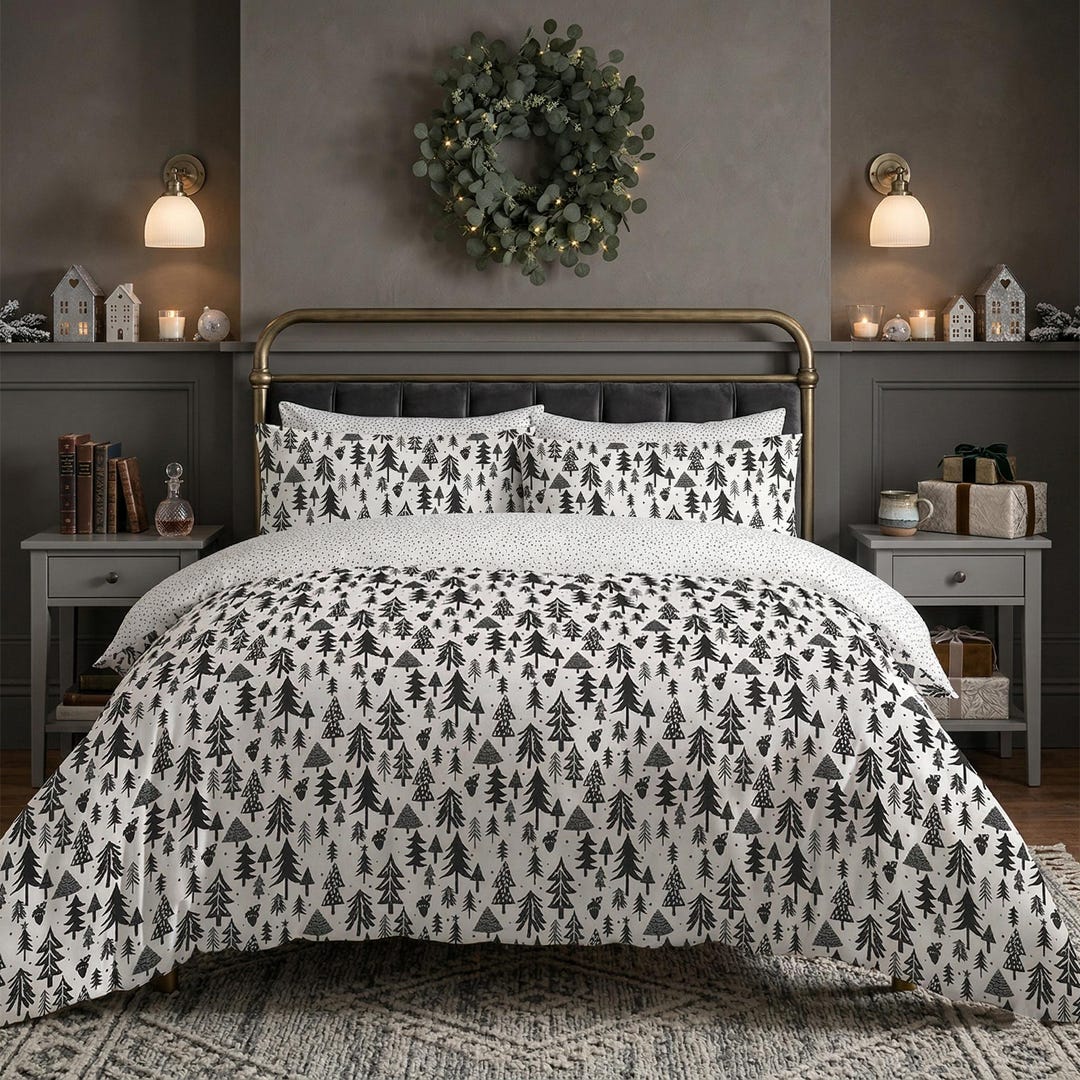 Reversible Duvet Cover Set, Winter Wonderland Bedding, Festive Black ...