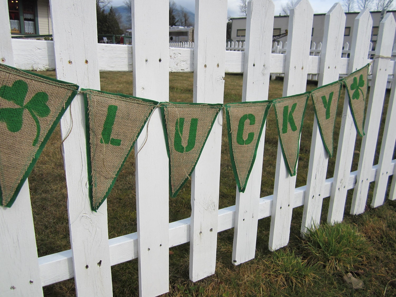 Upcycled Burlap Banner LUCKY green Painted Letters With Green | Etsy