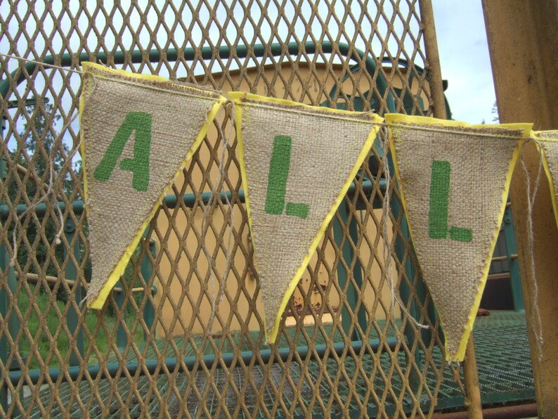 Upcycled ALL ABOARD Burlap Banner lime Green Painted Letters | Etsy