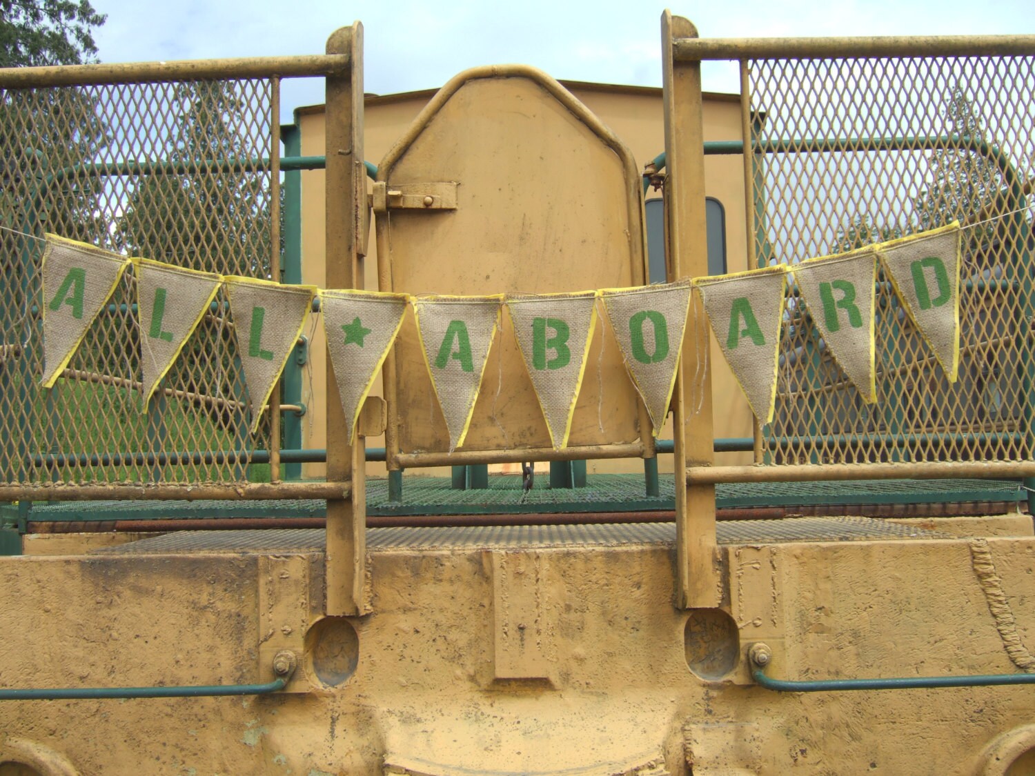 Upcycled ALL ABOARD Burlap Banner lime Green Painted Letters | Etsy