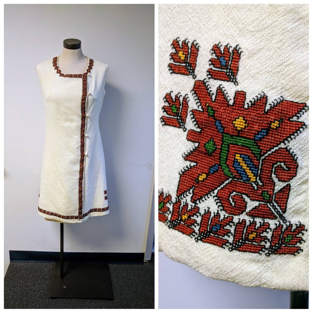 Vintage Clothing, 1960s Vintage Shift Dress, Brown Embroidered Cream ...