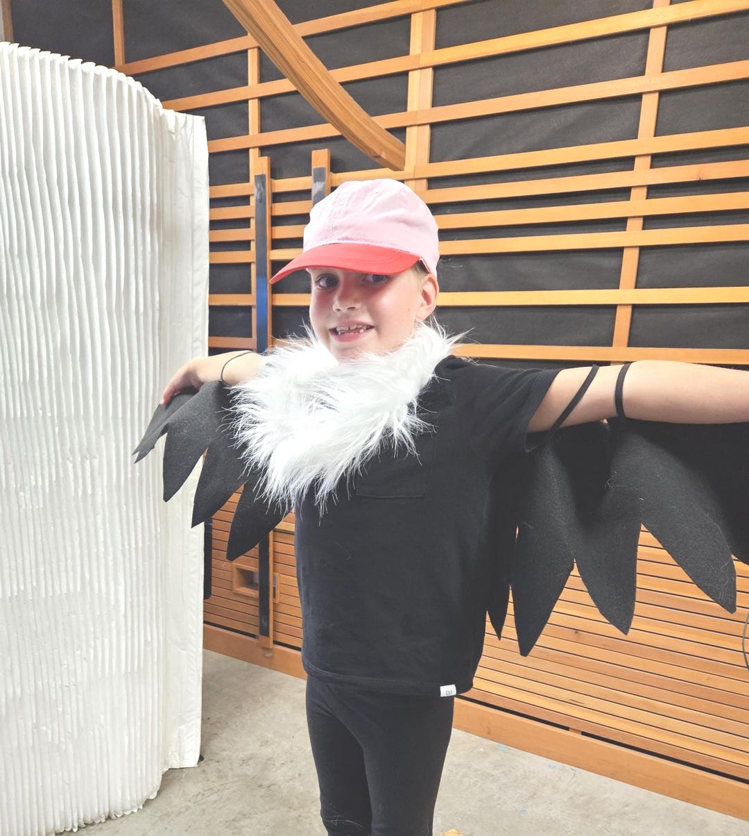 Upcycled Vulture Costume, Pink Hat, White Furry Collar and Black Wings ...