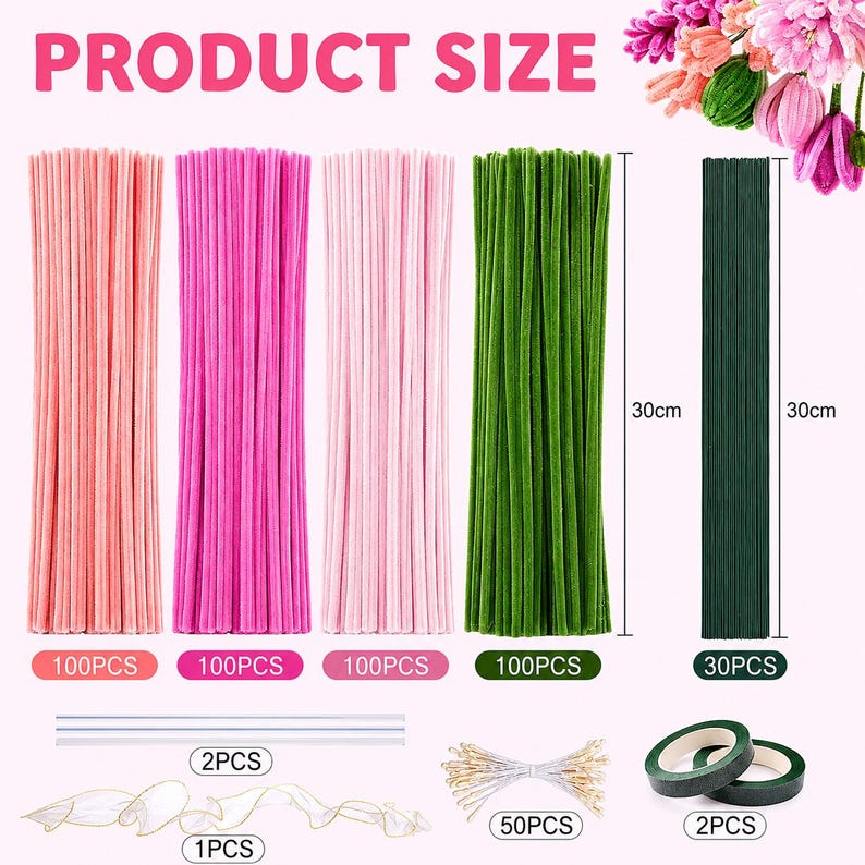 400 Pcs Pink Pipe Cleaners Craft Kit – DIY Chenille Stems for Flower ...