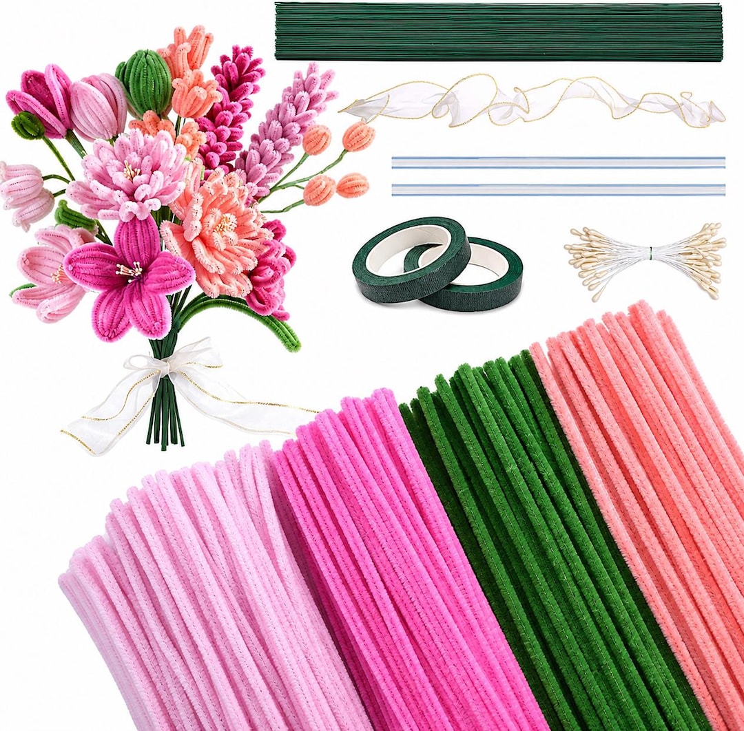 400 Pcs Pink Pipe Cleaners Craft Kit – DIY Chenille Stems for Flower ...