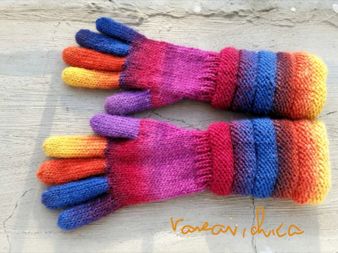 Multicolor Rainbow Winter Gloves. Wool Handknitted Gusset Gloves ...