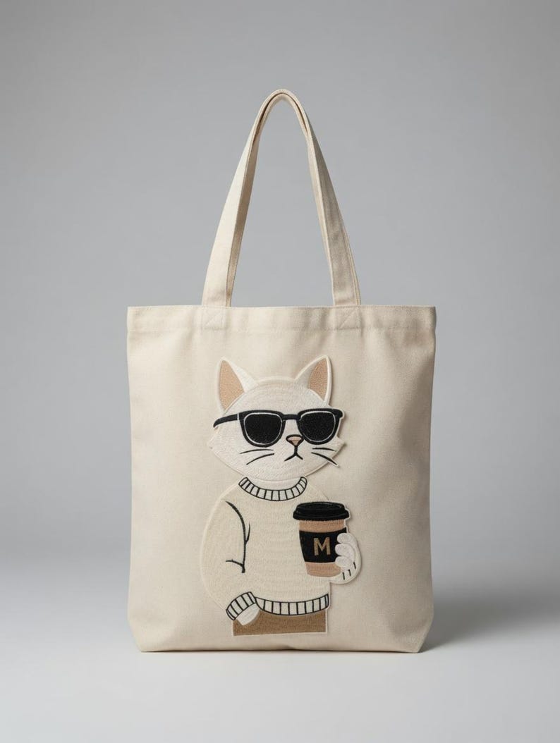 Embroidered Cat Coffee Tote Bag | Lover Canvas Shoulder Bag - Etsy