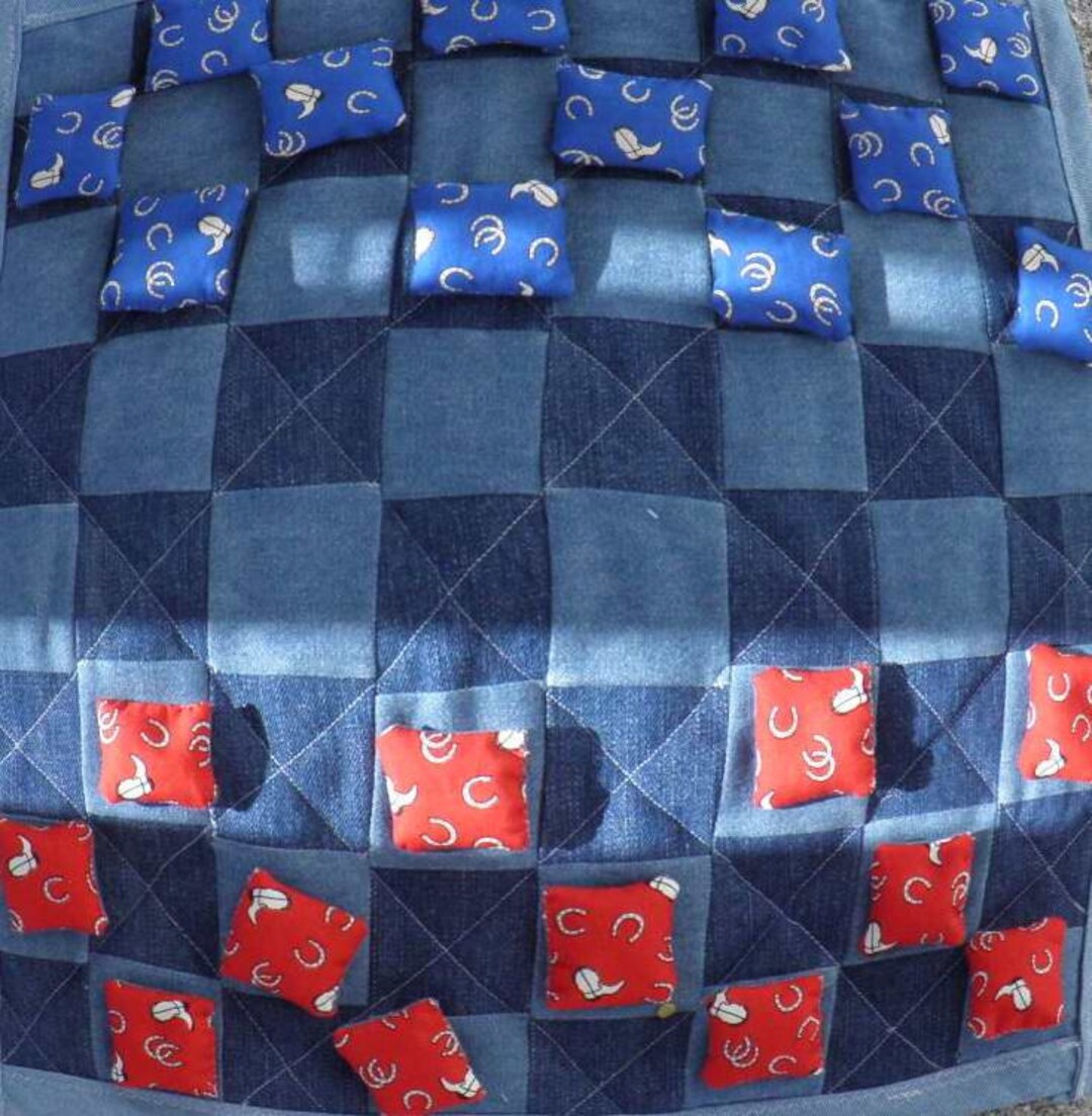 Checkers Board Game - Handmade Quilted Denim Checkerboard & Bean Bag ...