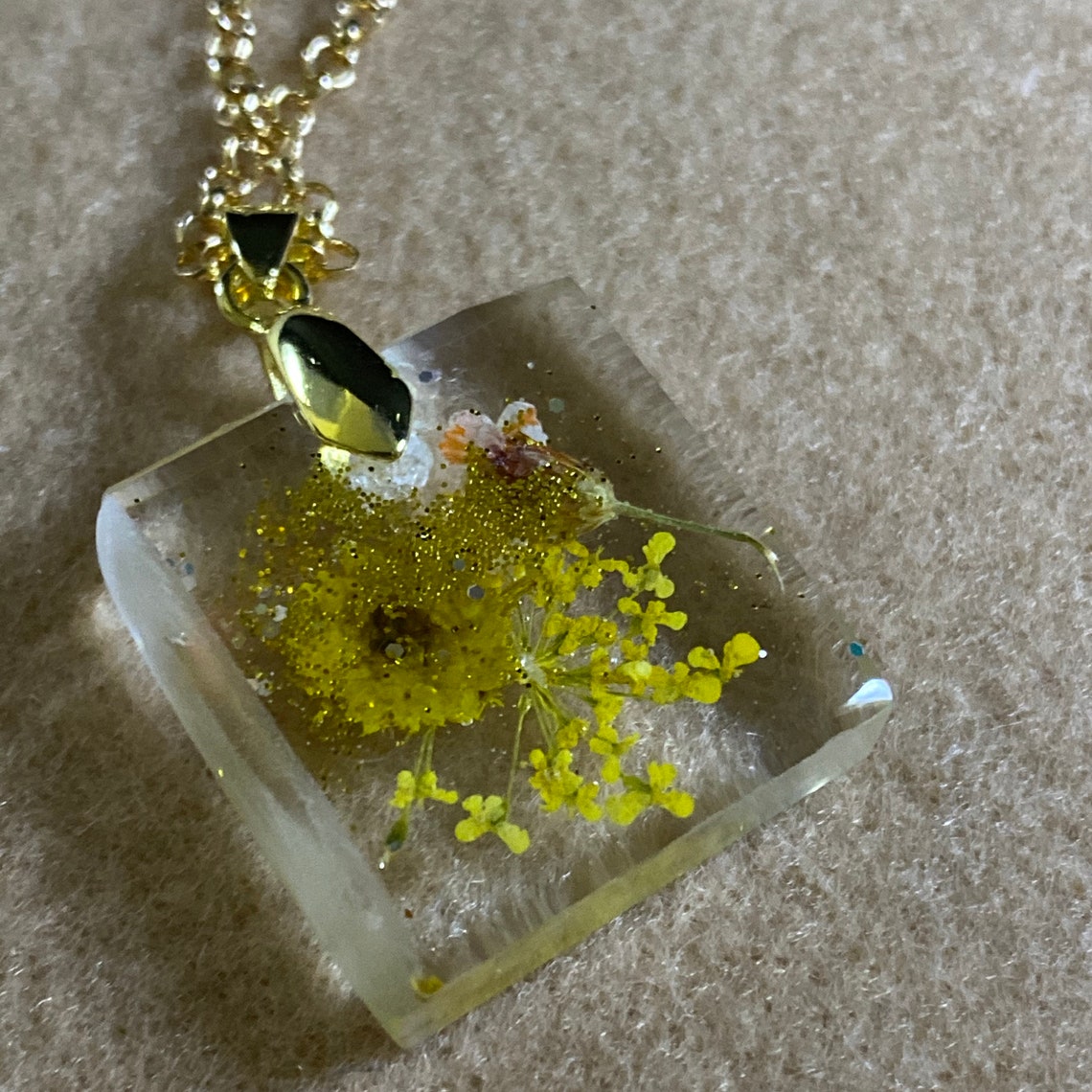 Dried Real Flowers Resin Pendant Handmade OOAK 21'' Gold Plated Chain ...