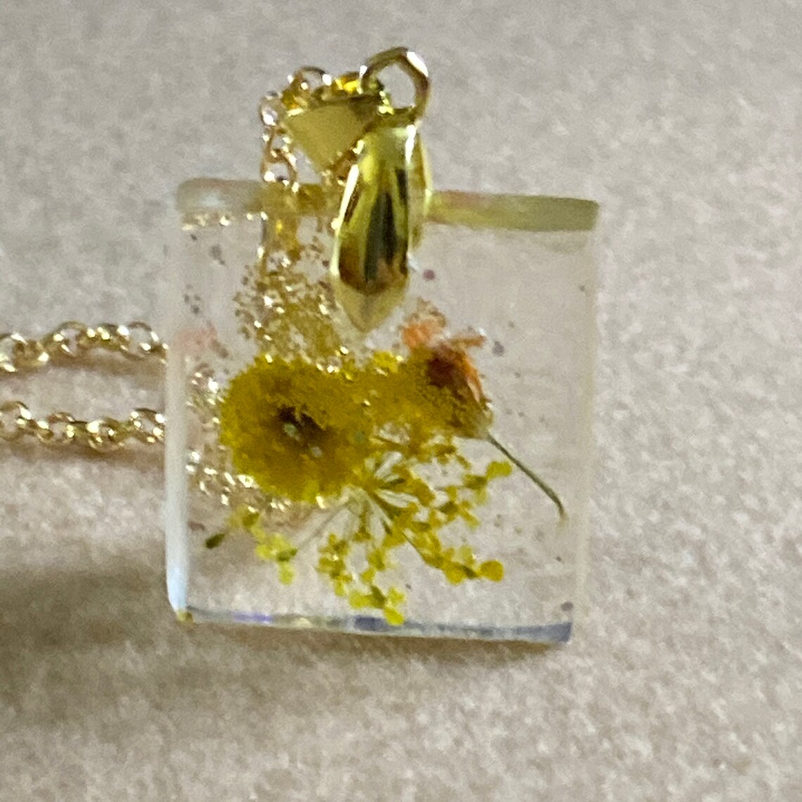 Dried Real Flowers Resin Pendant Handmade OOAK 21'' Gold Plated Chain ...