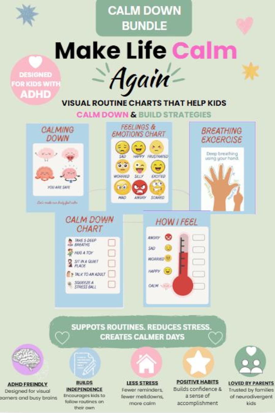 Calm Down Corner Kit for Kids - Feelings Chart, Breathing Exercises ...