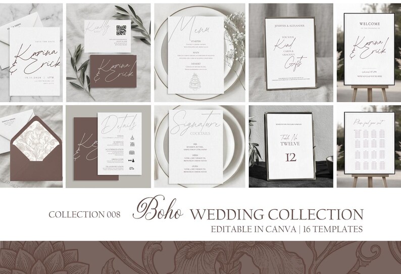 Brown Modern Classic Wedding Invitation Suite Template, Editable Canva ...