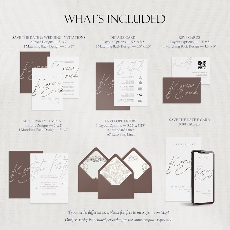 Brown Modern Classic Wedding Invitation Suite Template, Editable Canva ...